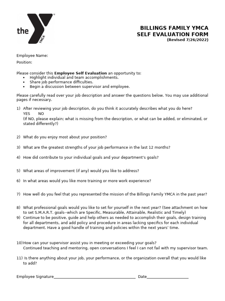 YMCA Employee Self Evaluation Form | PDF | Goal | Cognition
