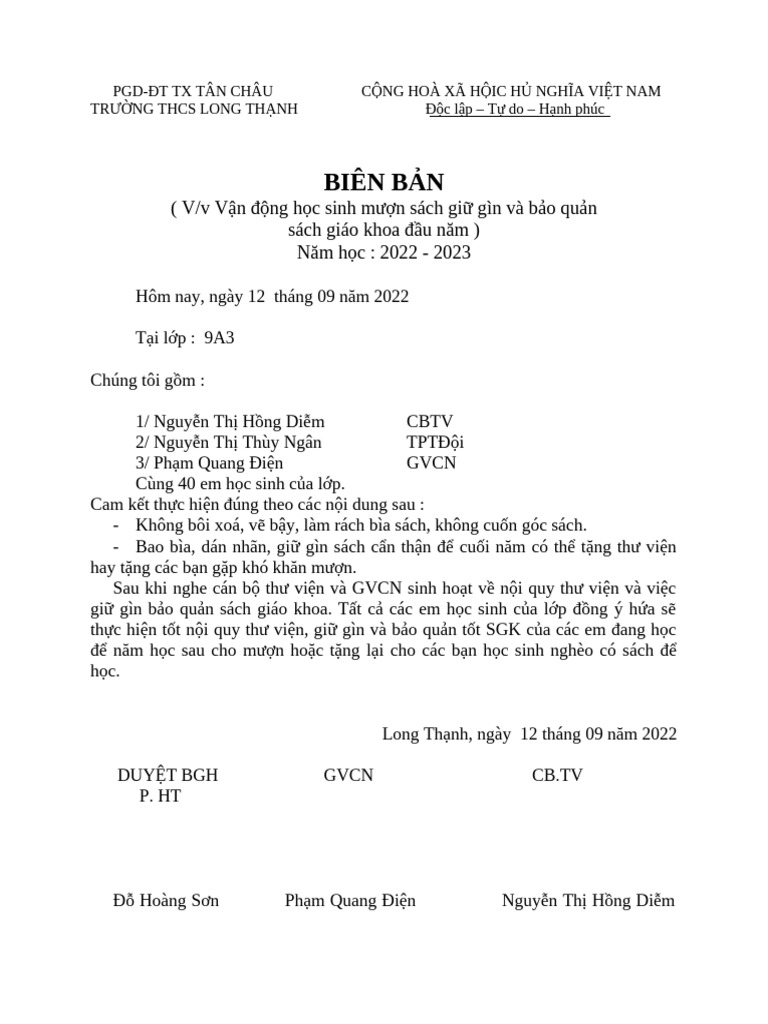 Biên bản vận động HS bảo quản SGK đầu năm | PDF