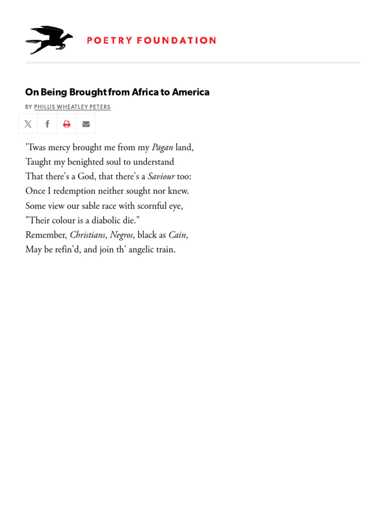 On Being Brought From Africa To America - The Poetry Foundation | PDF