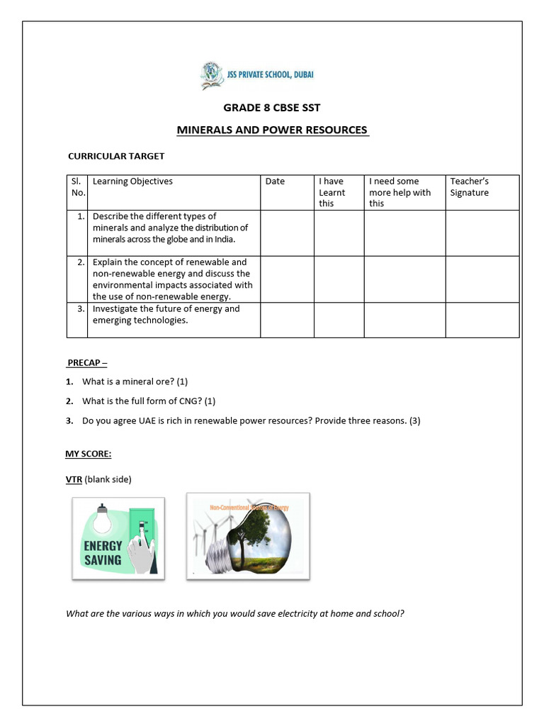 Grade 8 SST: Minerals & Energy Resources | PDF | Recycling | Renewable ...
