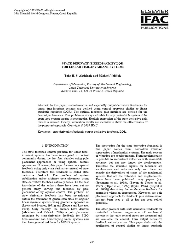 State Derivative Feedback by LQR | PDF | Matrix (Mathematics) | Control ...