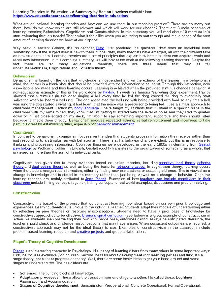 Overview of Educational Learning Theories | PDF | Constructivism ...