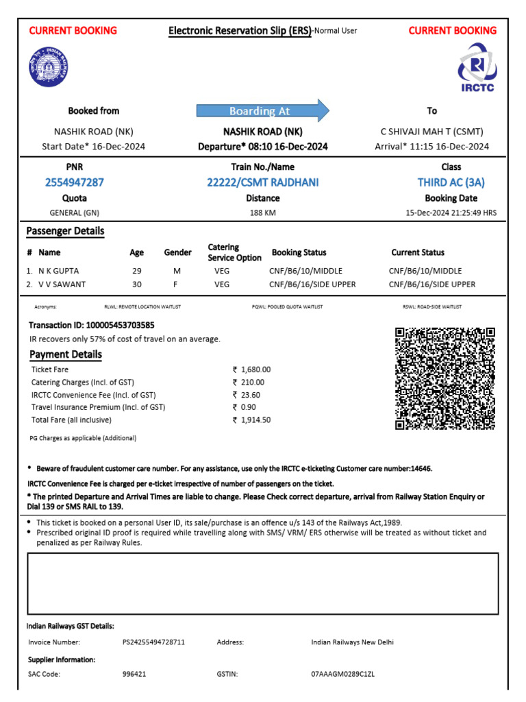 22222/Csmt Rajdhani Third Ac (3A) | PDF | Identity Document | Payments