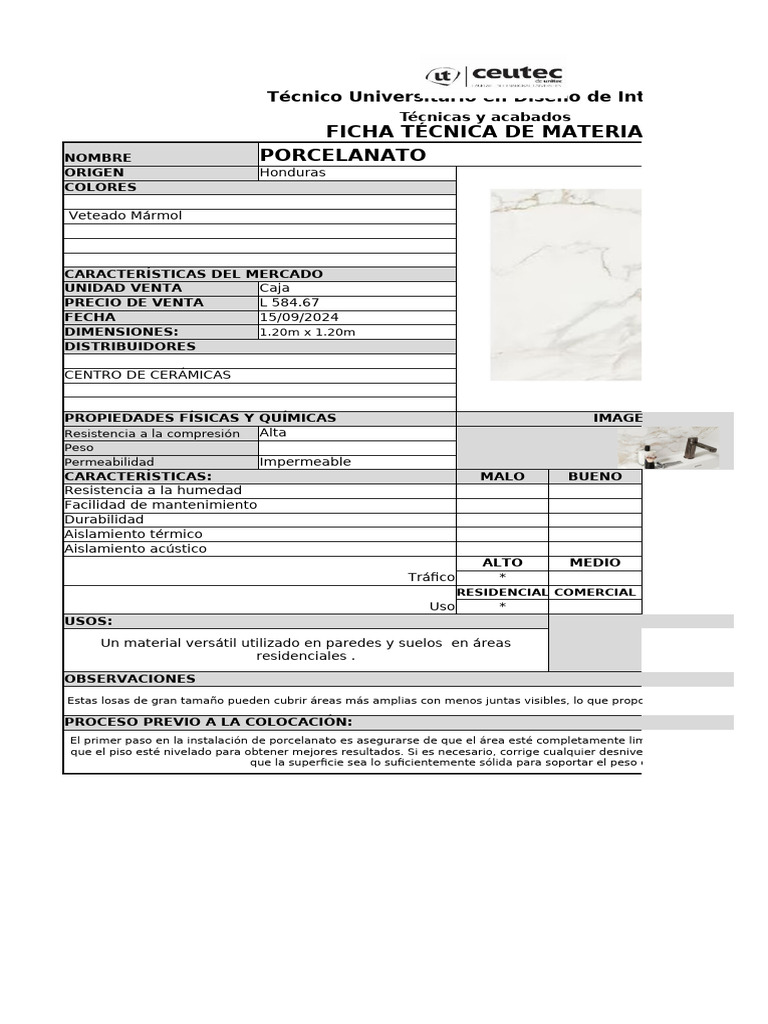Ficha Técnica Piso Porcelanato Diseño Mármol | PDF