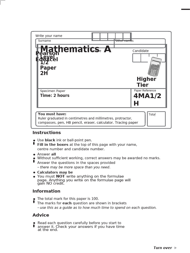 4MA1 2H Question Paper working | PDF | Area | Elementary Mathematics