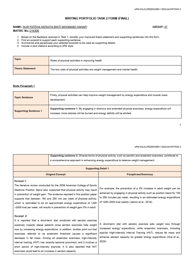 LPE2503 WRITING PORTFOLIO TASK 2 (FINAL) | PDF | High Intensity Interval Training | Skeletal Muscle