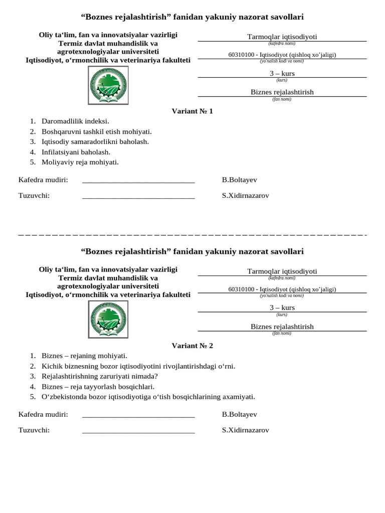Boznes Rejalashtirish Yakuniy Nazorat Savol | PDF
