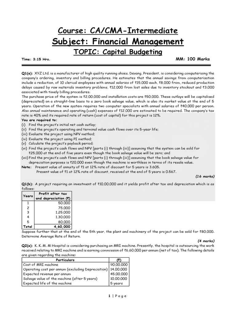 (FM) Capital_Budgeting_test_1_questions | PDF | Net Present Value ...