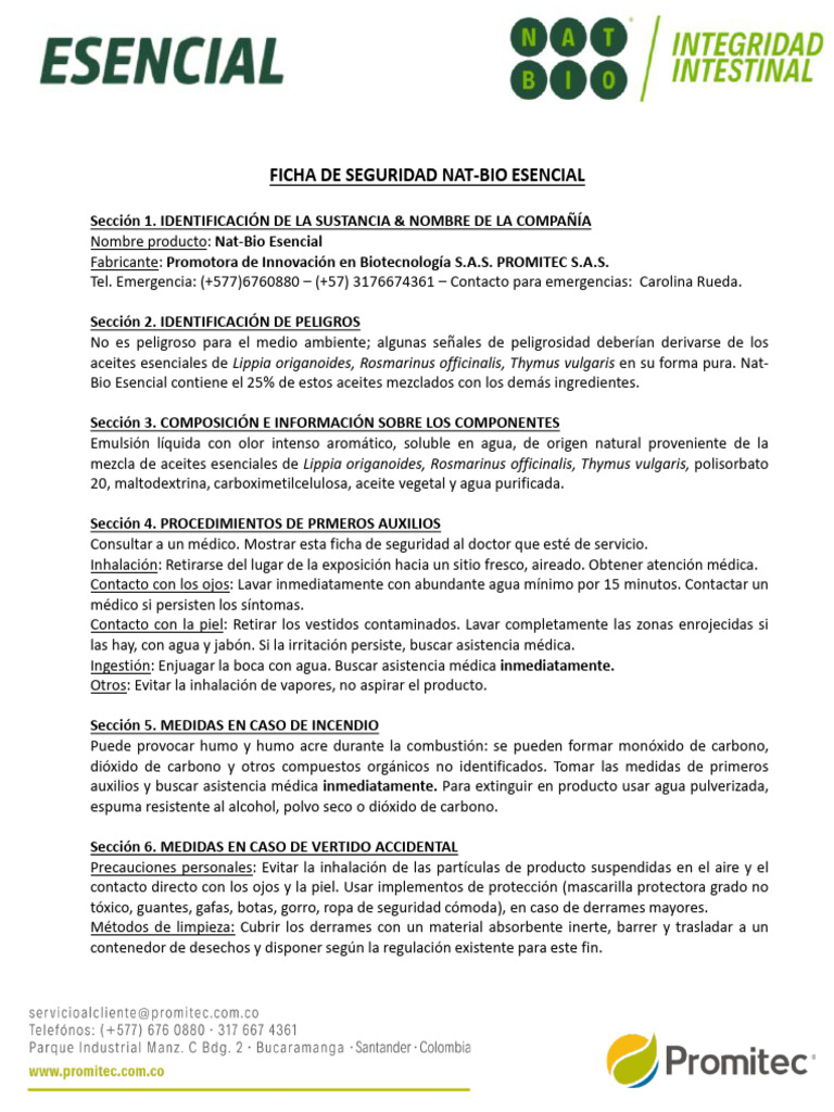 Ficha de Seguridad Nat-Bio Esencial | PDF | Agua | Guante
