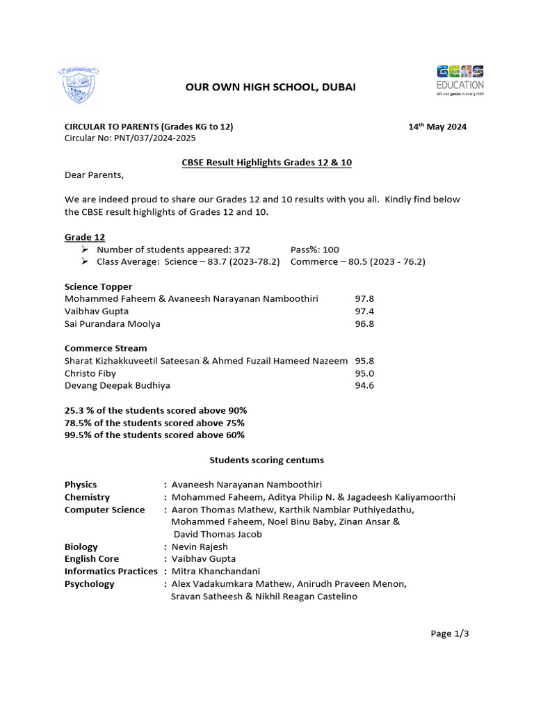 Dubai High School CBSE Results 2024 | PDF | Science