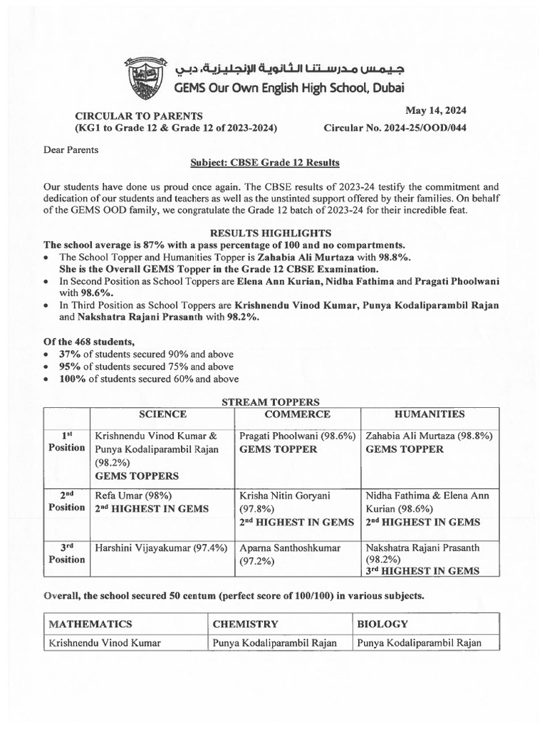 Circular To Parents (KG1 To Grade 12 & Grade 12 of 2023-2024) | PDF