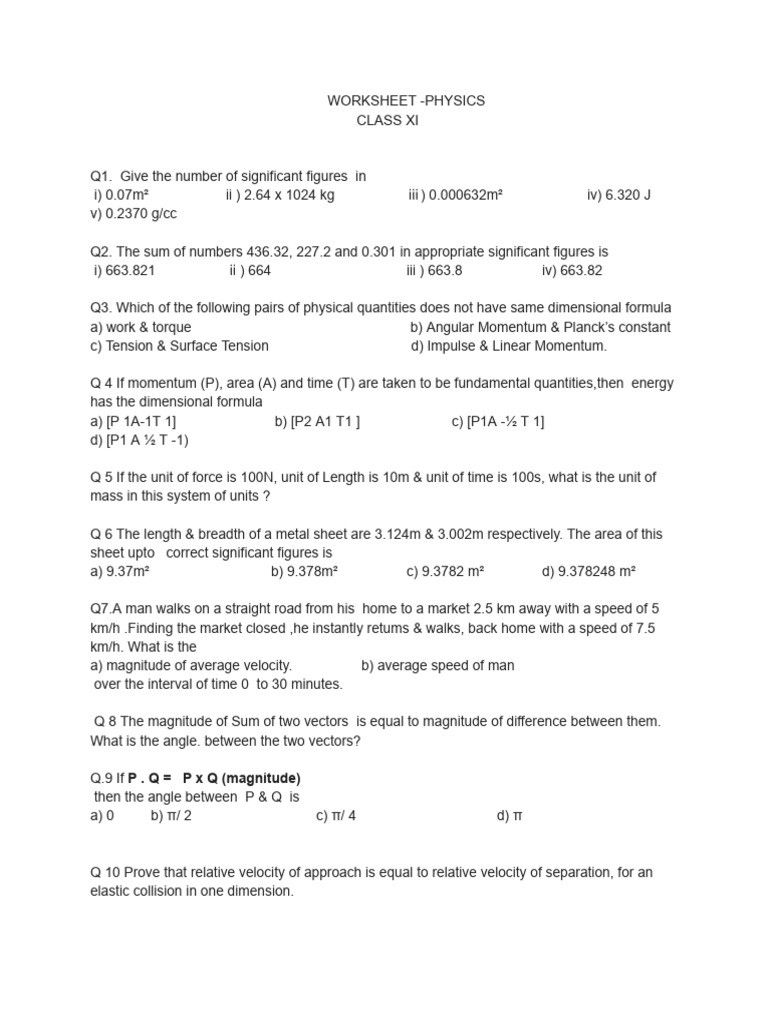 Physics Worksheet for Class XI Students | PDF | Acceleration | Collision