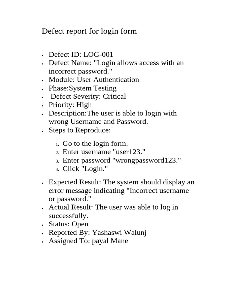 Defect Report For Login Form | PDF | User (Computing) | Login