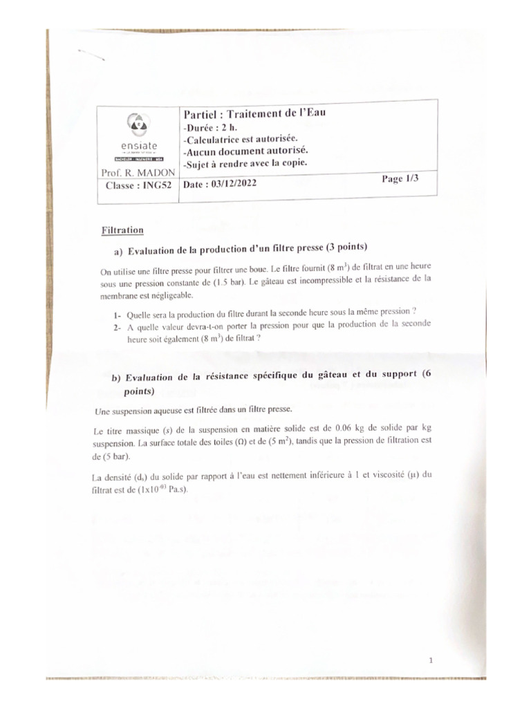 Partiel Traitement de L'eau ING 52 2022-2023 | PDF