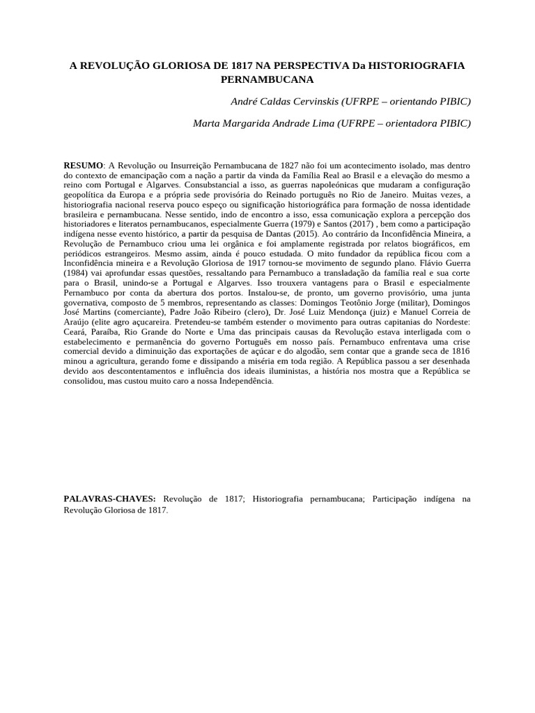 A REVOLUÇÃO GLORIOSA DE 1817 NA PERSPECTIVA DOS OPRIMIDOS Resumo JEPEX ...