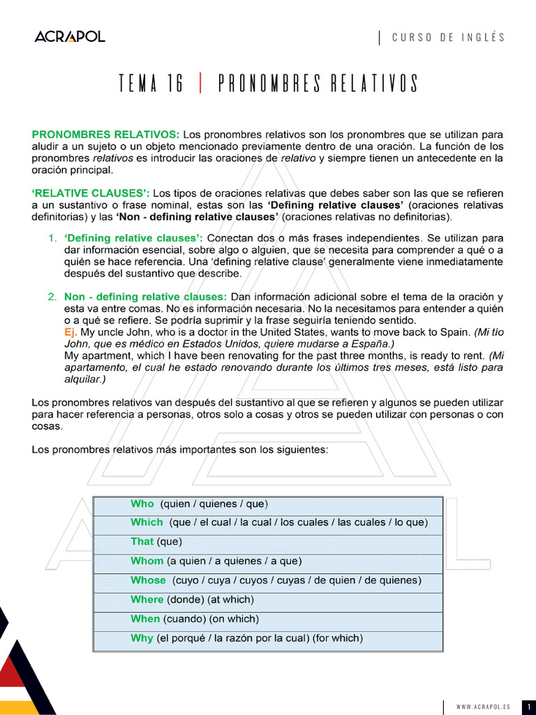 Pronombres Relativos en Inglés | PDF