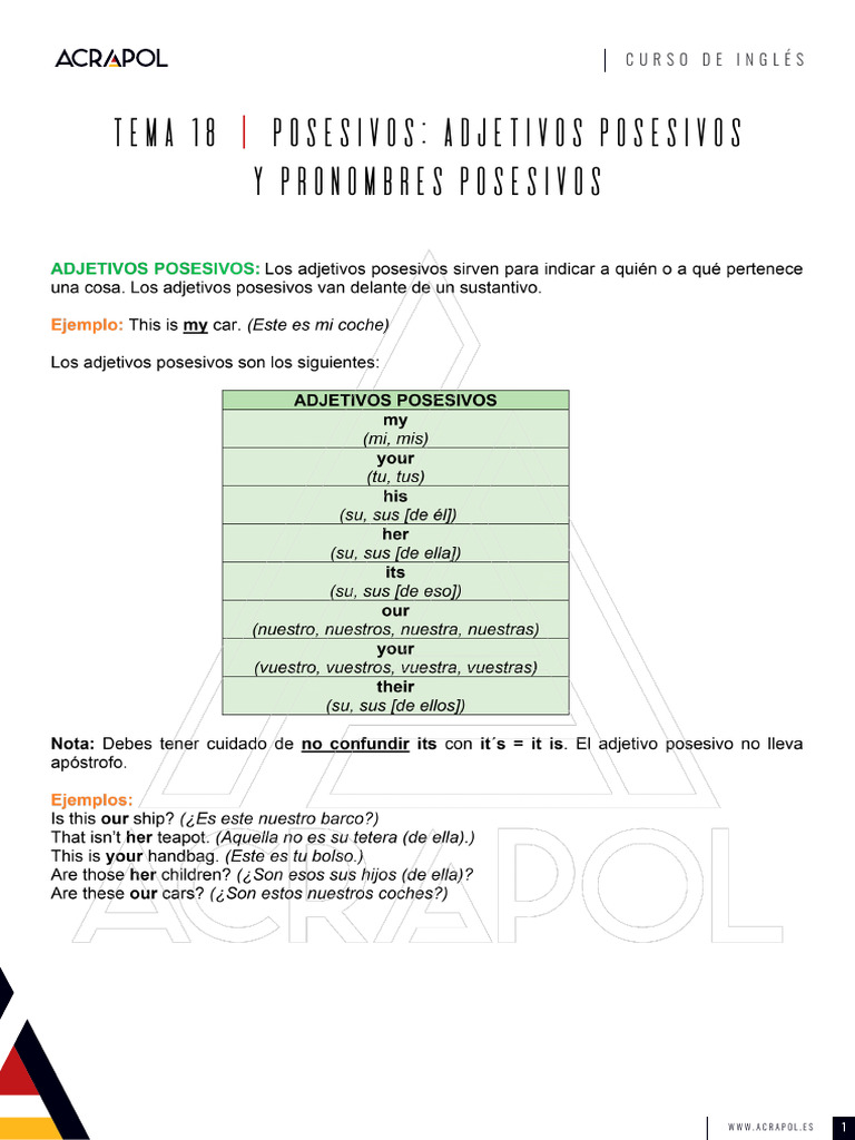 Tema 18. Pronombres Posesivos y Reflexivos | PDF
