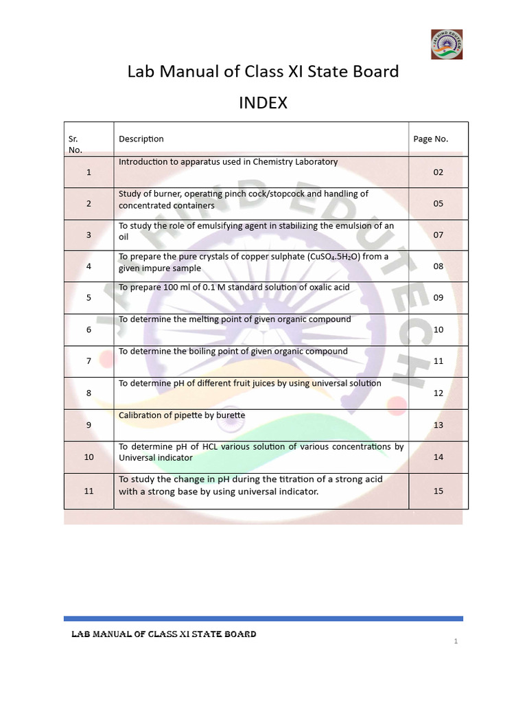 STATE Class XI Sci Chemistry Lab Manual | PDF | Ph | Acid