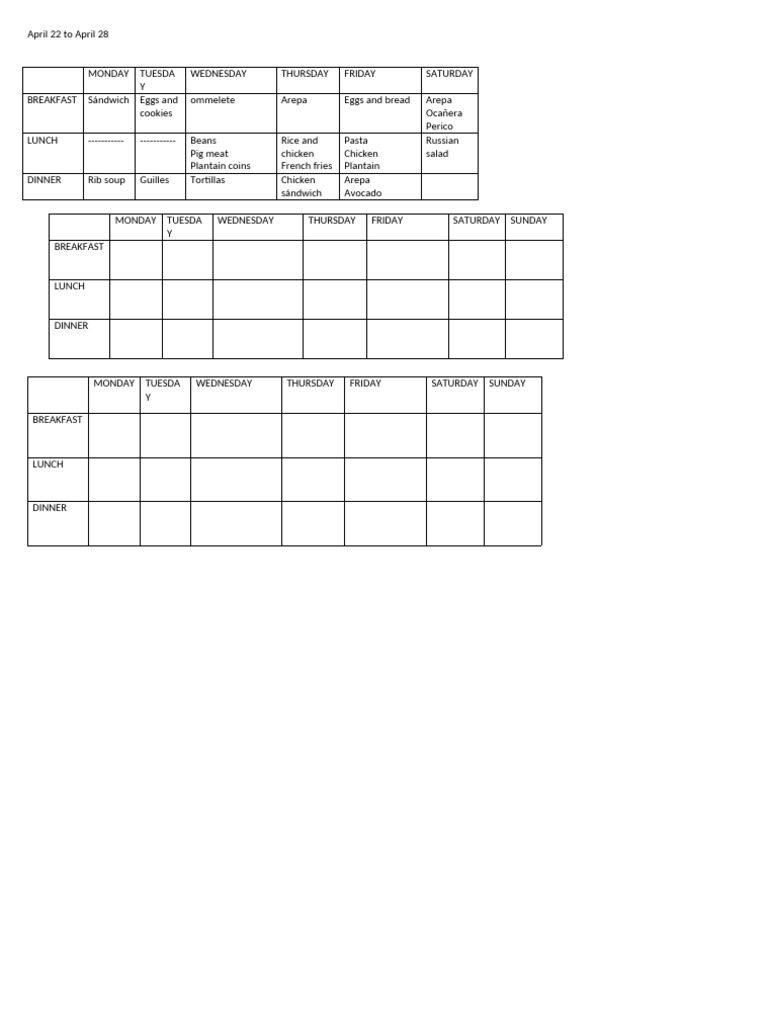 Weekly Cooking Time Schedule | PDF