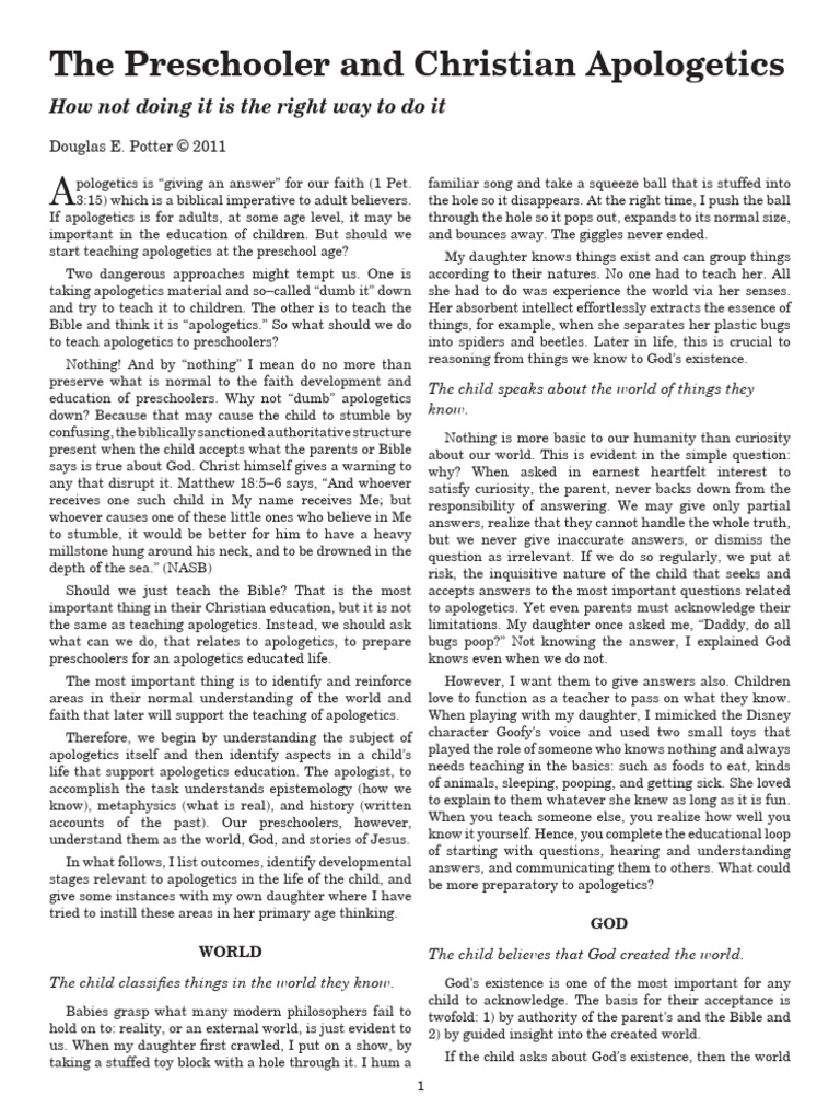 The Preschooler and Christian Apologetics by Doug Potter | PDF ...