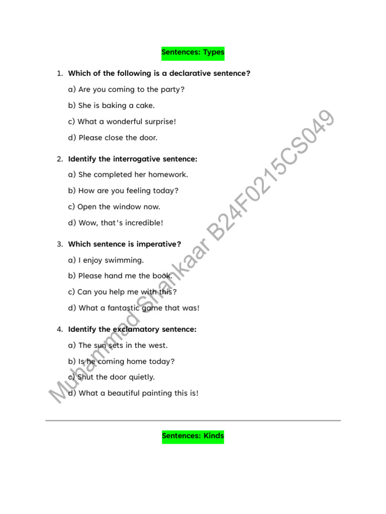 Sentence (Types & Kinds), Clauses, Phrases Quiz | PDF | Sentence ...