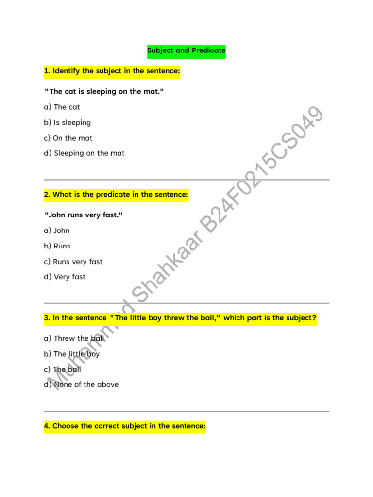 Subject and Predicate Quiz | PDF