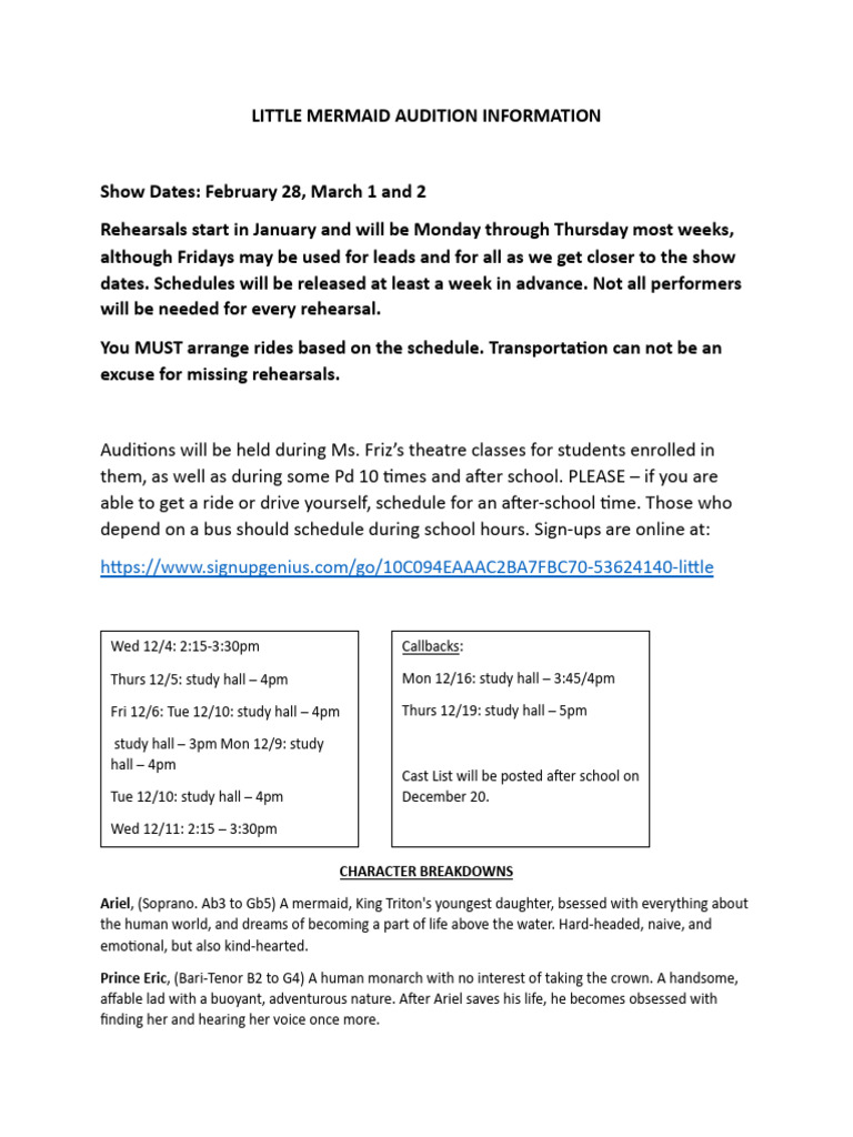 Little Mermaid Audition Information | PDF
