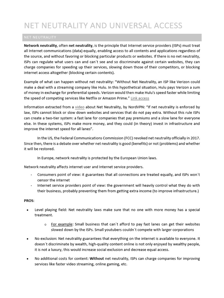 Net Neutrality and Universal Access | PDF | Net Neutrality | Internet ...