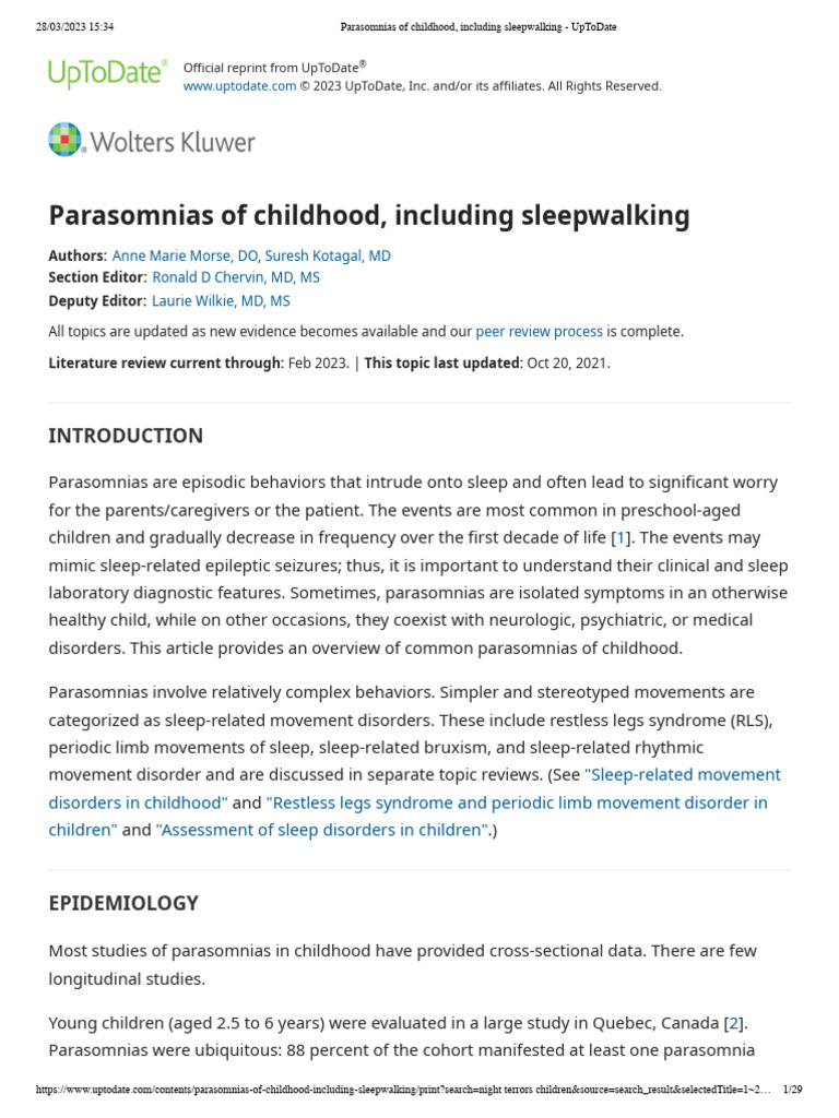 Parasomnias of Childhood Including Sleepwalking Uptodate 1 | PDF ...