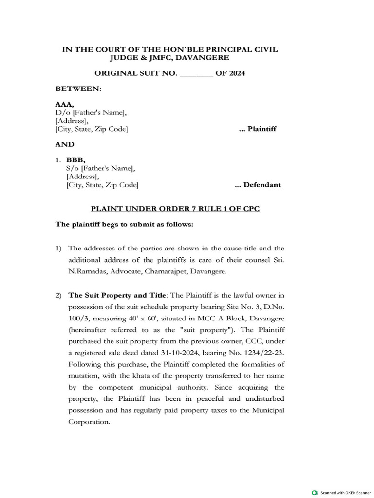 Injunction Suit Format For Law Students Nov 2024 | PDF