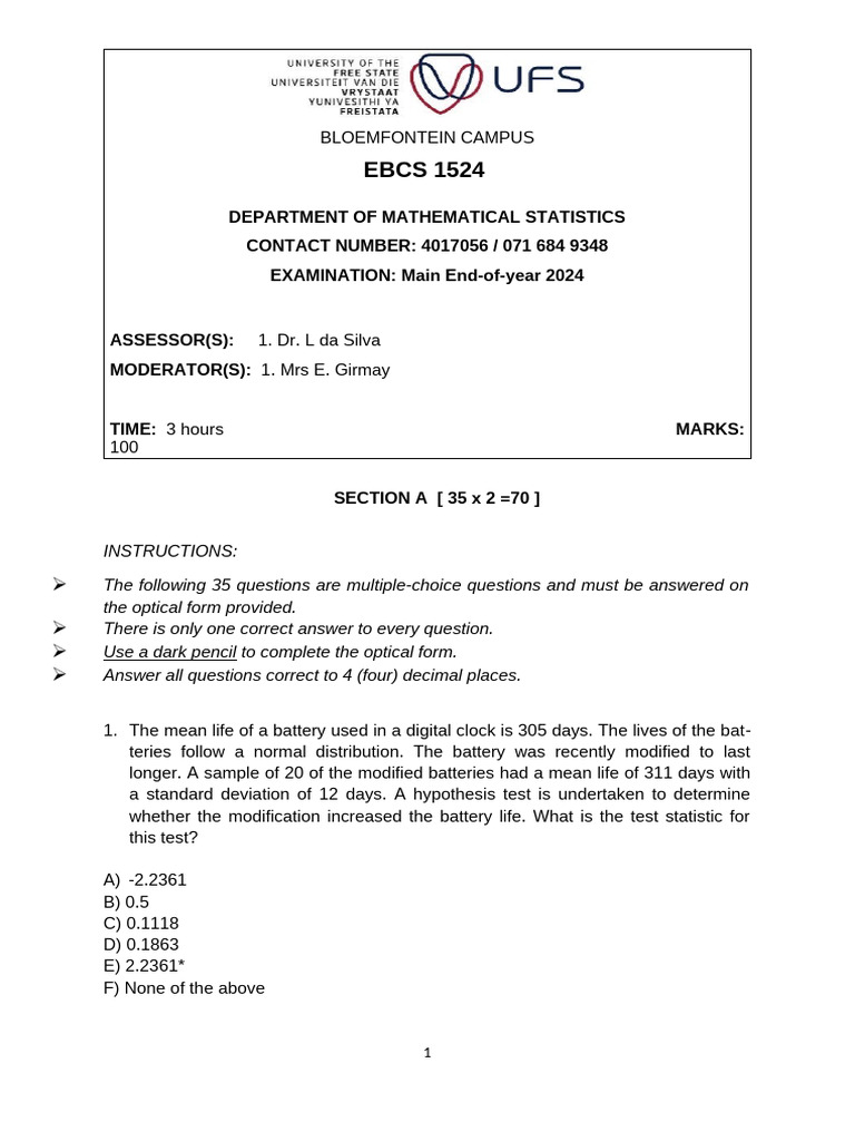 Nov Efbs Eks 2024 Exam1 Memo | PDF | Statistical Significance ...