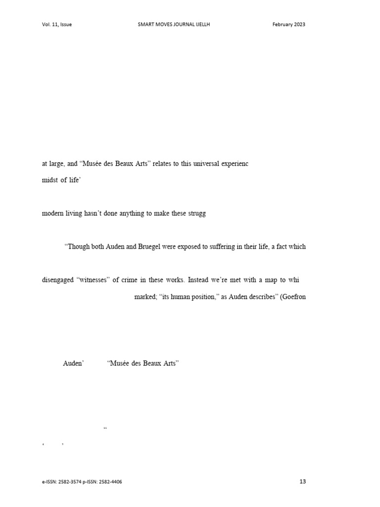 "Auden's 'Musée des Beaux Arts' Analysis" | PDF