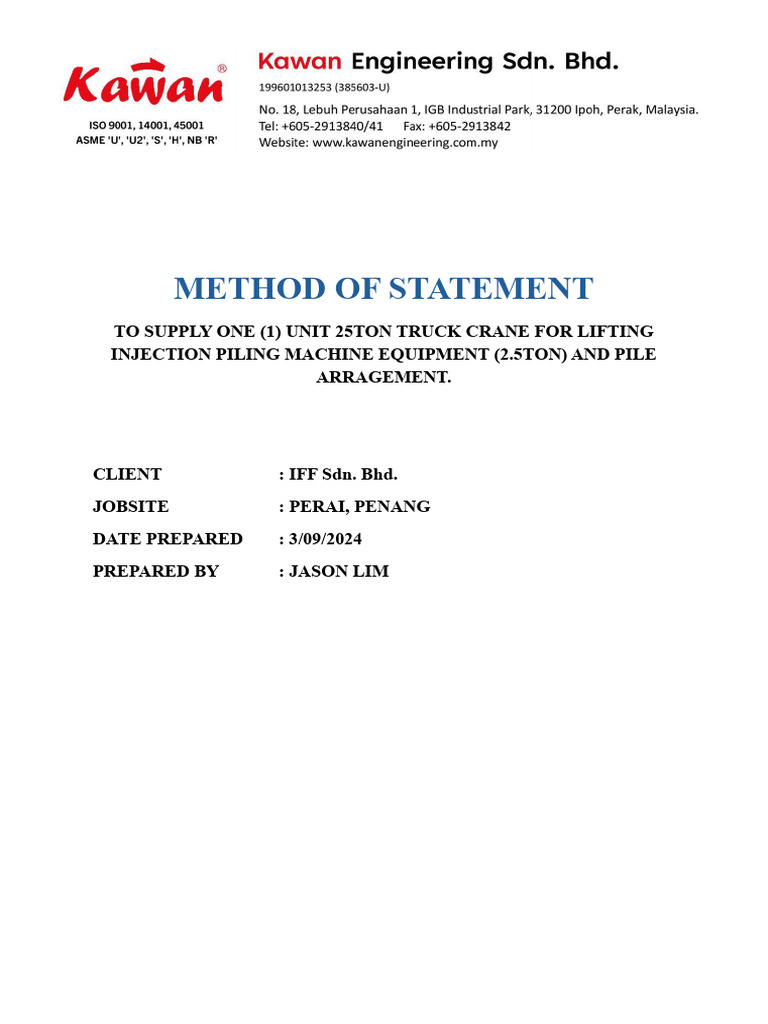 MOS, JSA & Lifting Plan (Injection Piling Machine and Lifting Pile) | PDF | Crane (Machine ...