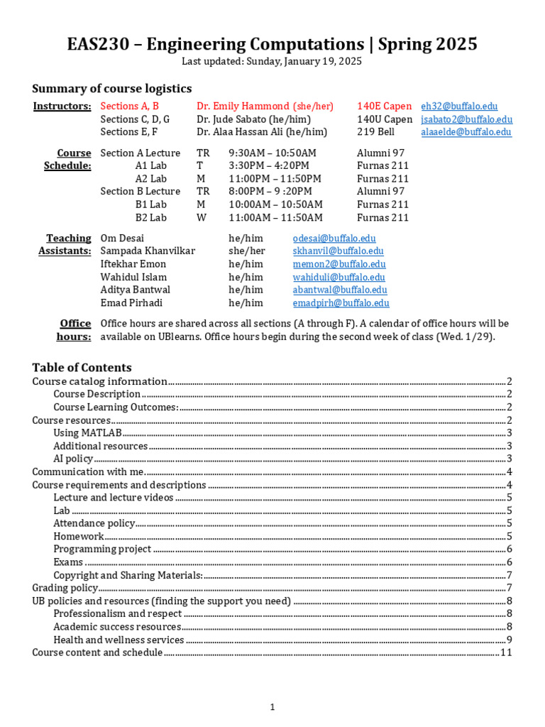 Hammond EAS230 Syllabus Spring2025 | PDF | Matrix (Mathematics) | Matlab