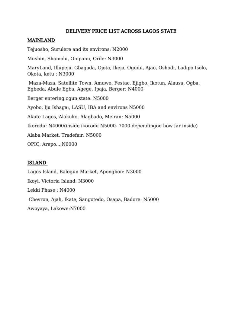 Delivery Price List Across Lagos State - 1 | PDF