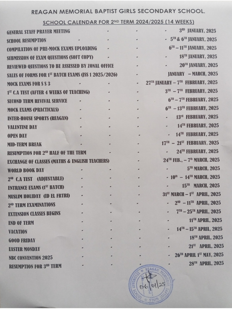 Second Term SCH Calendar 2025 | PDF