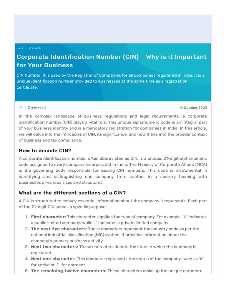 CIN Number - Your Quick Guide To Corporate Identification Number | PDF | Taxes | Companies