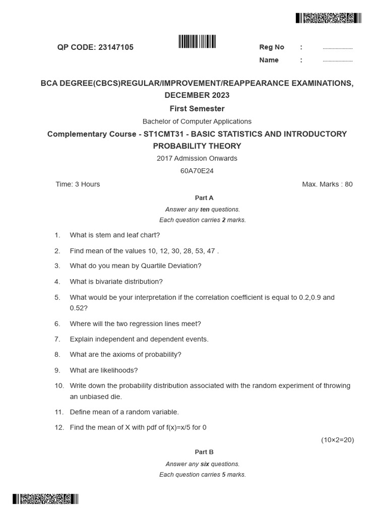 BCA First Semester Statistics Exam 2023 | PDF | Probability Density ...