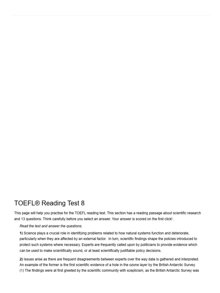 TOEFL® Reading Test 8 - Free Practice Exercises From Exam English | PDF ...