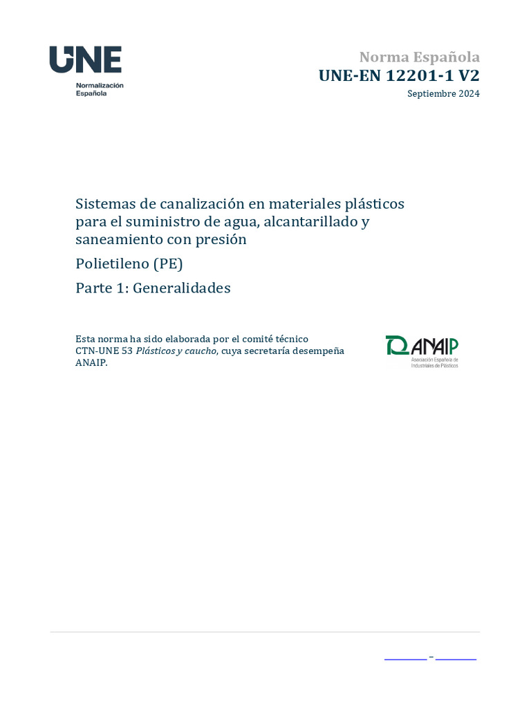 Norma UNE-EN 12201-1: Sistemas PE | PDF | Alcantarillado | Pascal (Unidad)