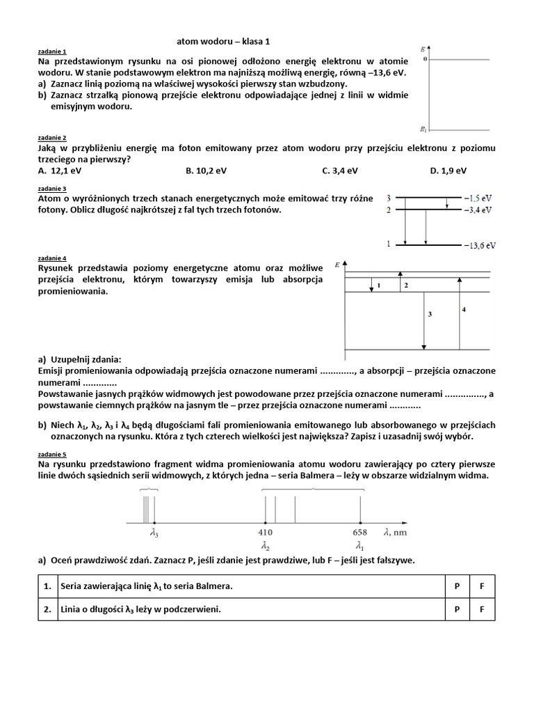 Atom Wodoru - Zadania | PDF