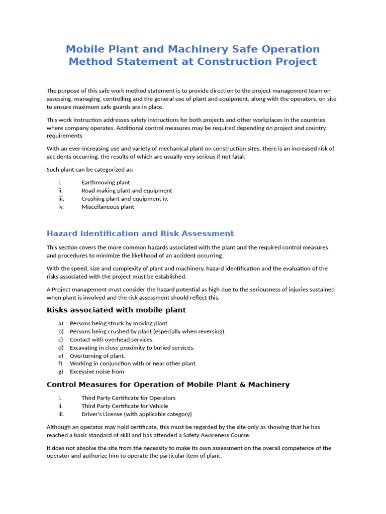 Mobile Plant and Machinery Safe Operation Method Statement at ...