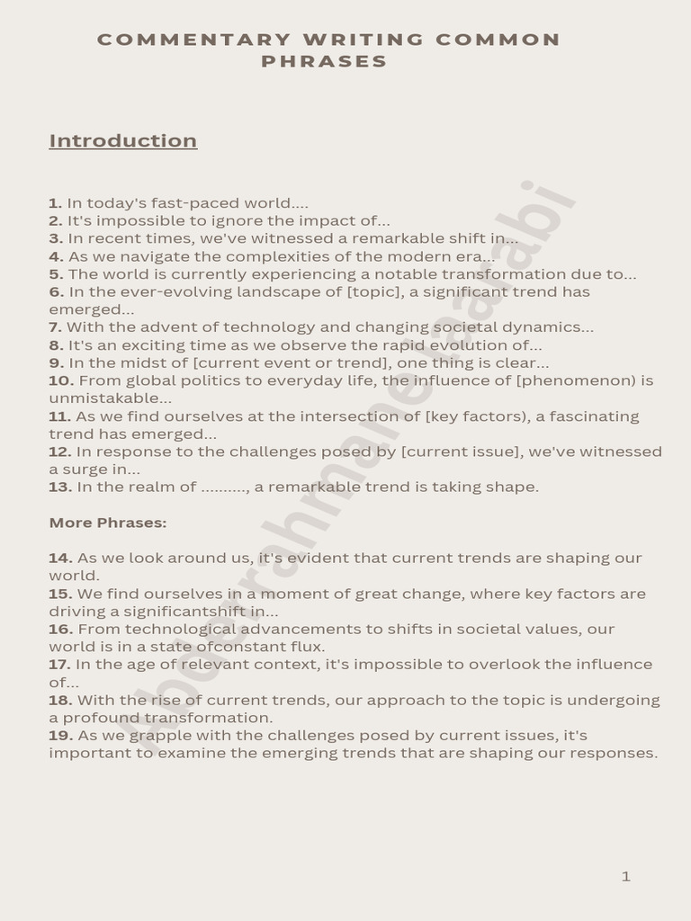 Commentary Writing Common Phrases | PDF | Psychology | Liberal Arts Education