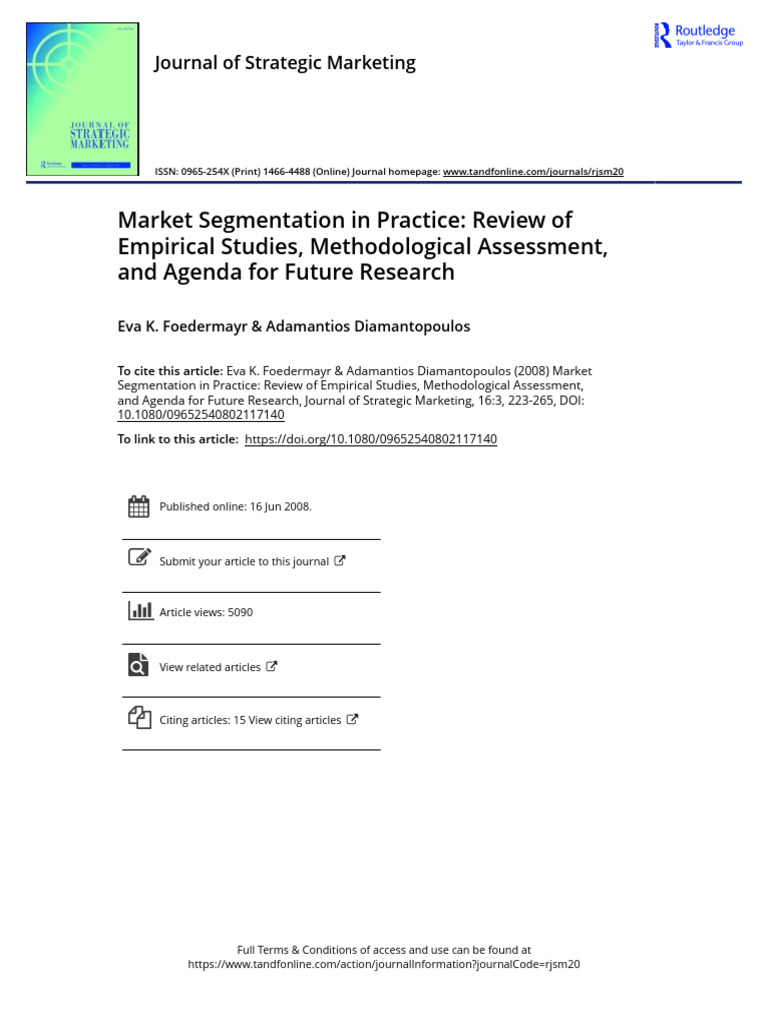 Market Segmentation in Practice Review of Empirical Studies Methodological Assessment and Agenda ...
