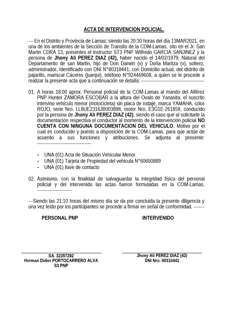 ACTA DE INTERVENCION POLICIAL - OPERATIVO | PDF
