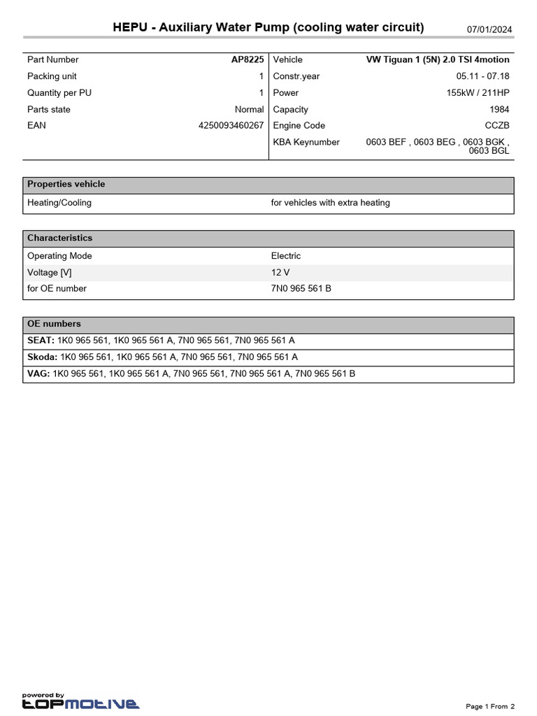 Tiguan HEPU Pump DataSheet | PDF