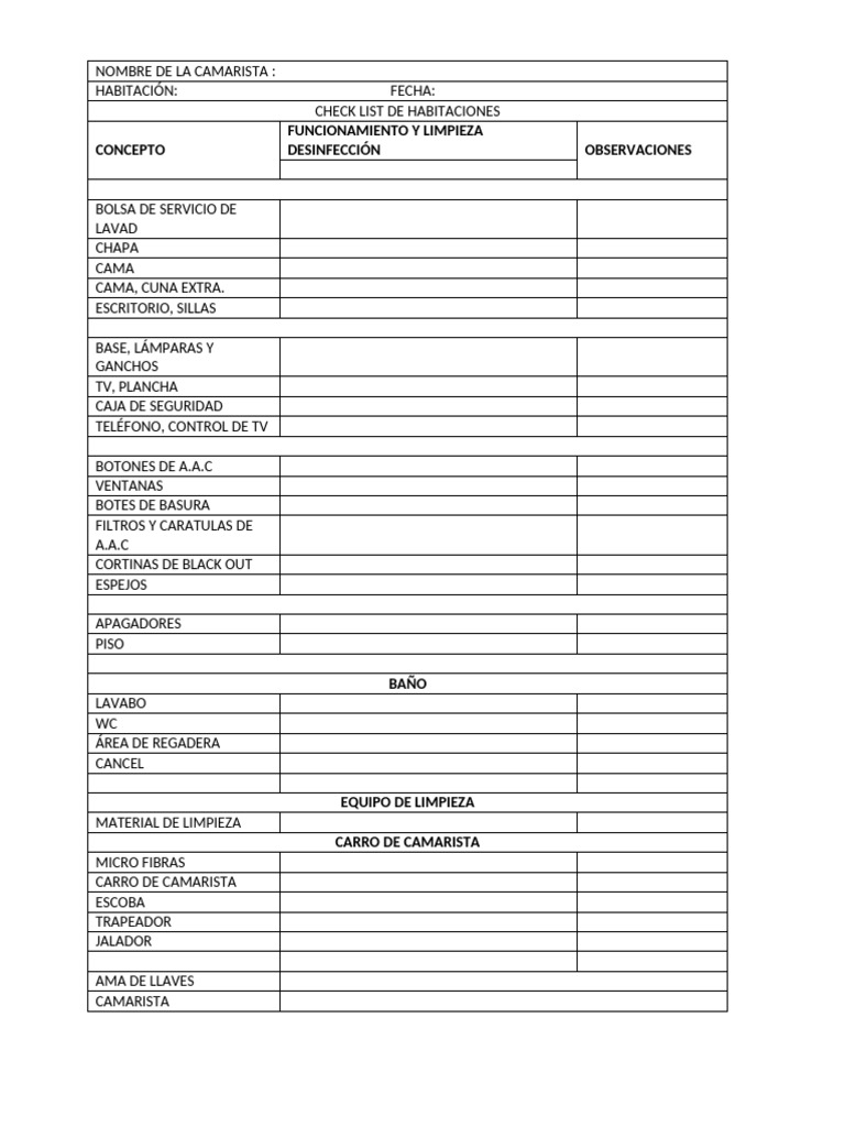 Check List de Camarista | PDF