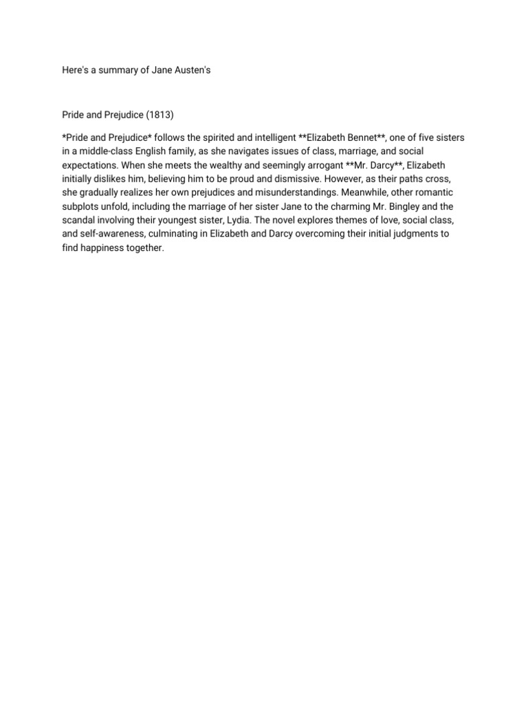 Pride and Prejudice Summary | PDF