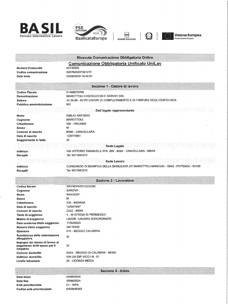 03.UNILAV Assunzione Saroya Navdeep | PDF