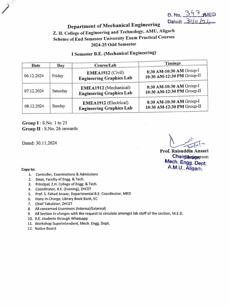 B.E. Practical Examination Scheme, 2024-25, Odd Semester (Final) | PDF | Engineering